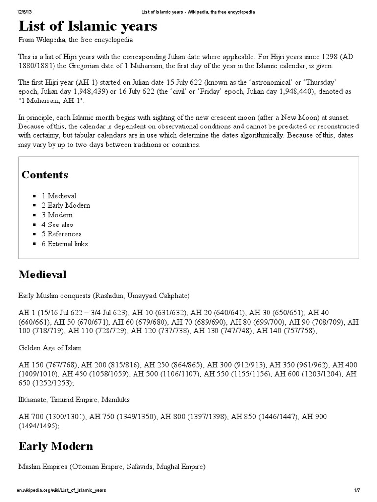 List of Islamic Years - Wikipedia, The Free Encyclopedia | PDF ...