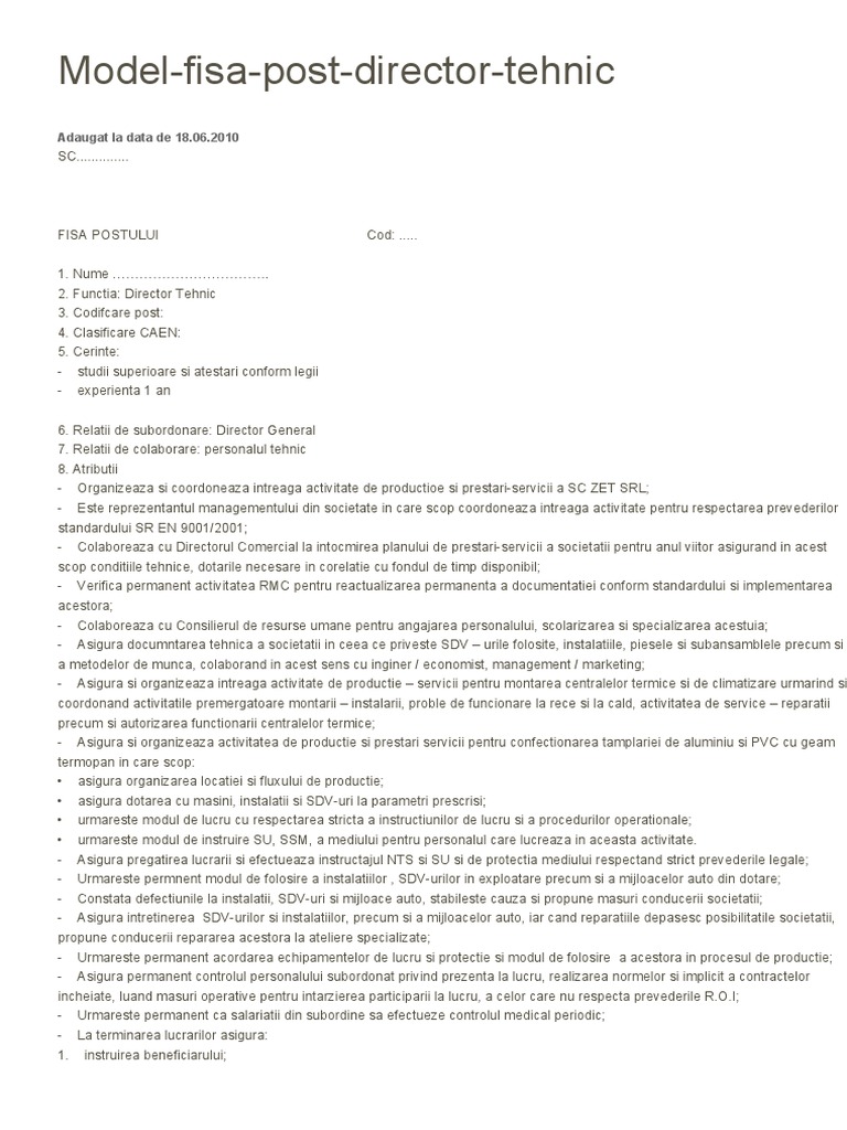 Fisa Post Director Tehnic 2023 | PDF | Technology & Engineering