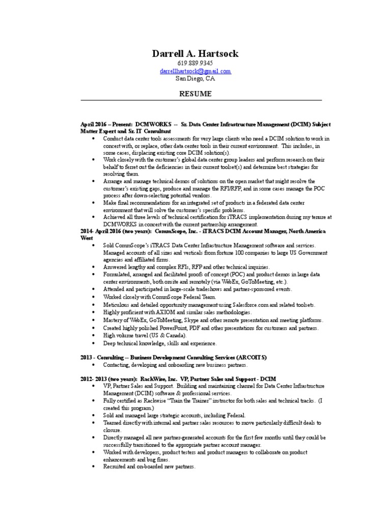 Darrell Hartsock Resume | PDF | Data Center | Sales
