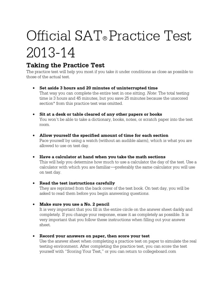 Official SAT Practice Test 2013 2014 | PDF