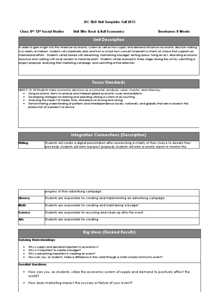 Economnics Unit Plan 11 19 13 3 | PDF | Educational Assessment | Economics