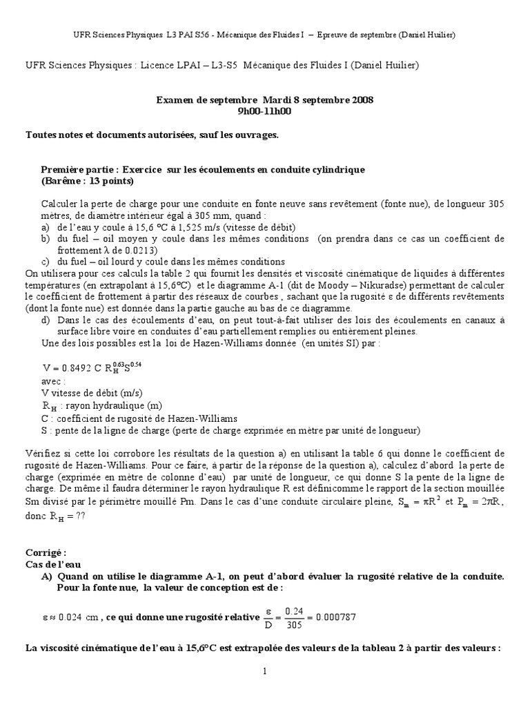 Examen de Mécanique des Fluides I L3 | PDF | Nombre de Reynolds ...