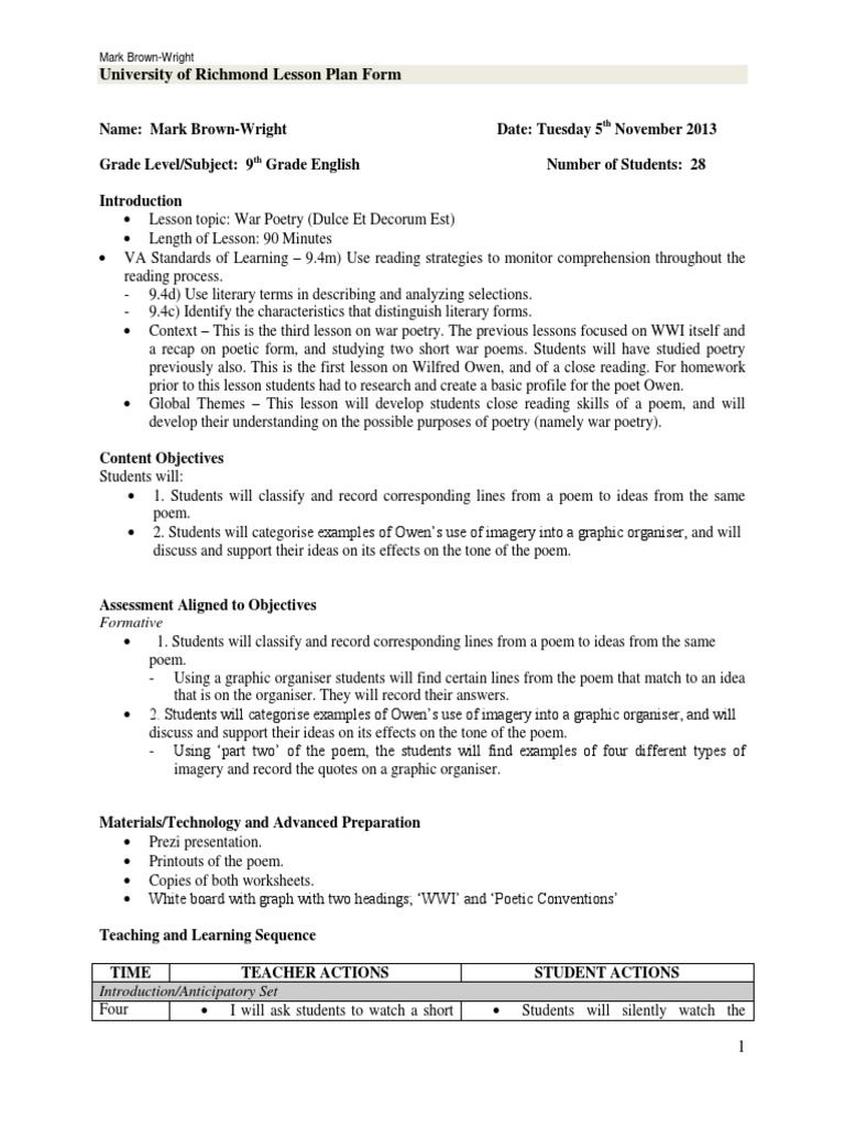 9th Grade English War Poetry Lesson | PDF | Poetry | Reading Comprehension