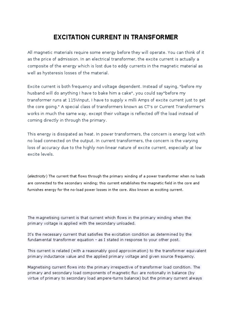 Excitation Current in Transformers | PDF | Transformer | Physical ...