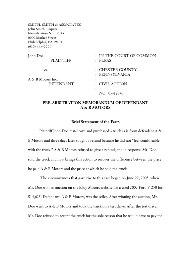 Pre-Arbitration Memo: A & B Motors Case | PDF | Implied Warranty | Law ...