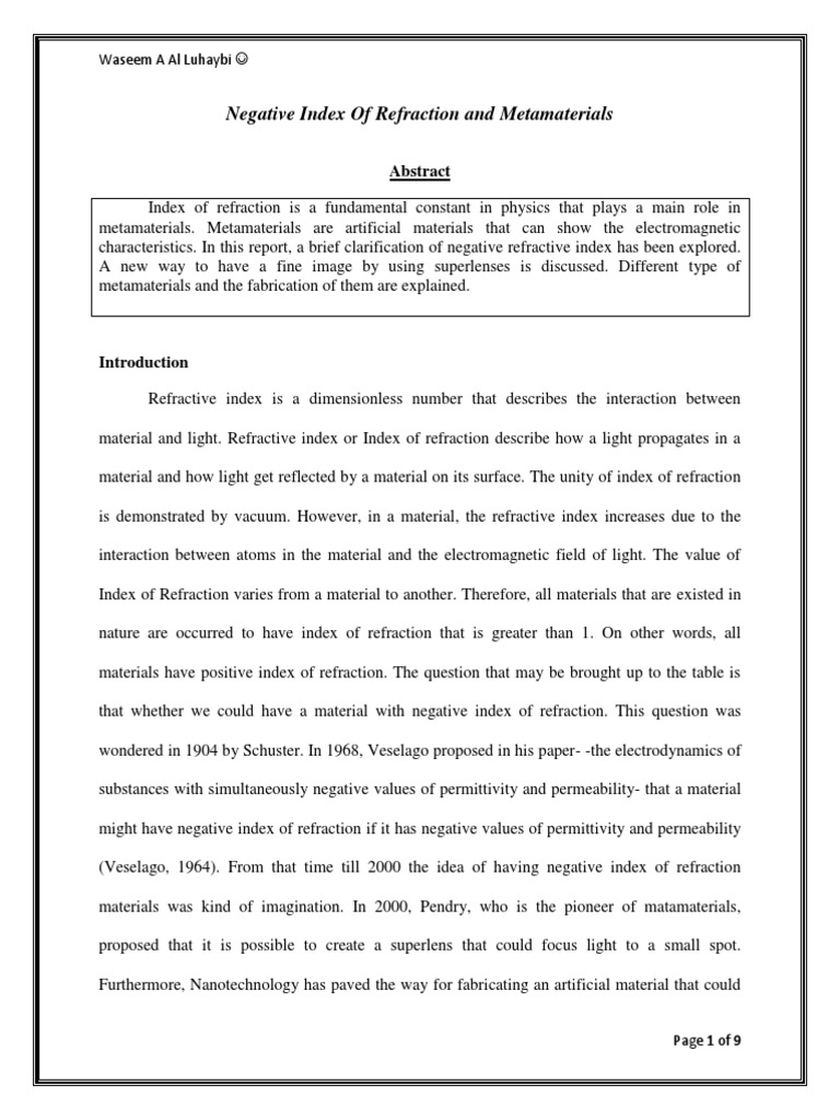 Negative Index of Refraction and Metamaterials | PDF | Metamaterial ...