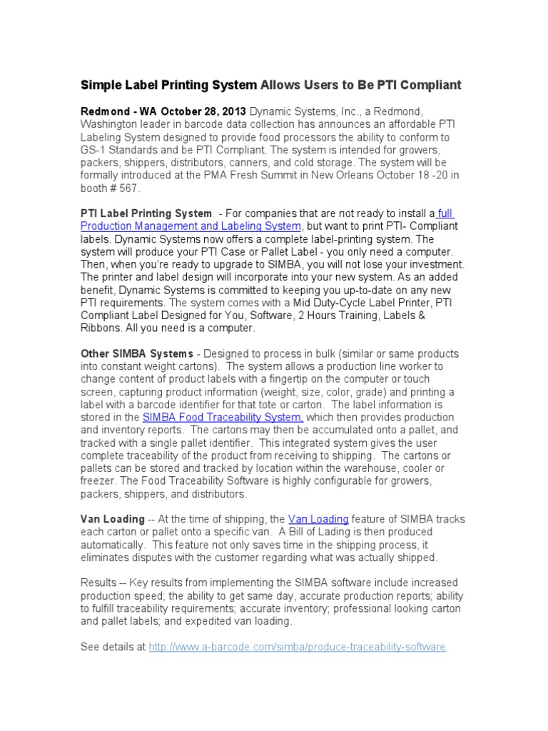 Simple Labeling System Conforms To PTI Guidelines | PDF | Barcode ...