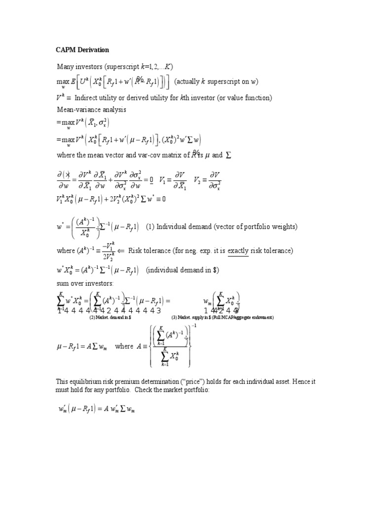 CAPM Derivation and Analysis | PDF