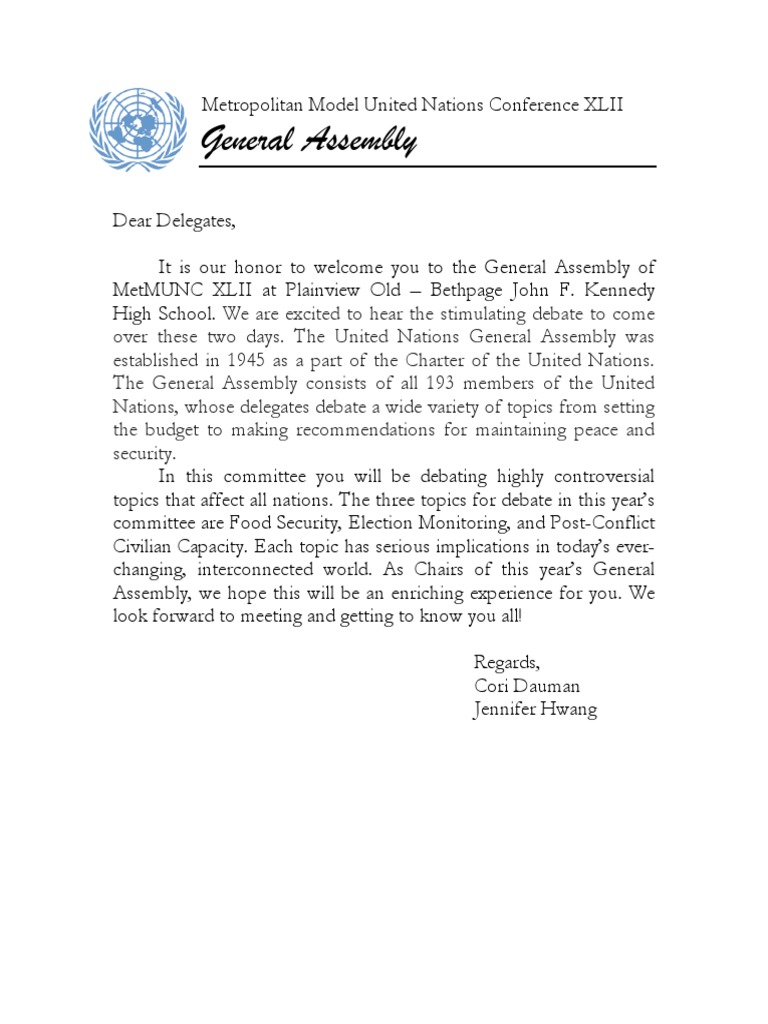 Welcome Letter | PDF | United Nations General Assembly | Global Politics
