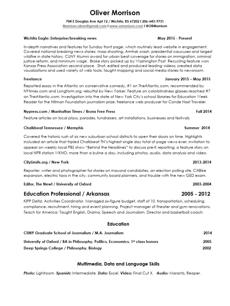 Oliver Morrison's Resume | PDF | Journalism | New York City