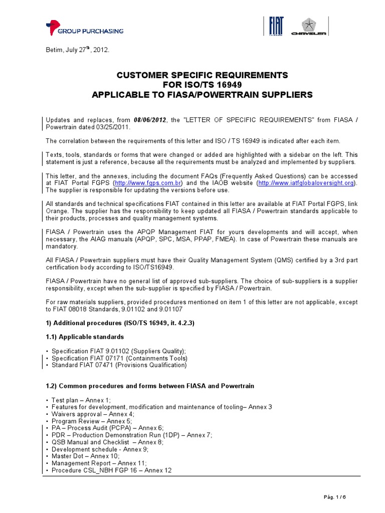 Customer Specific Requirements FIASA-Powertrain 2012 | PDF | Audit ...