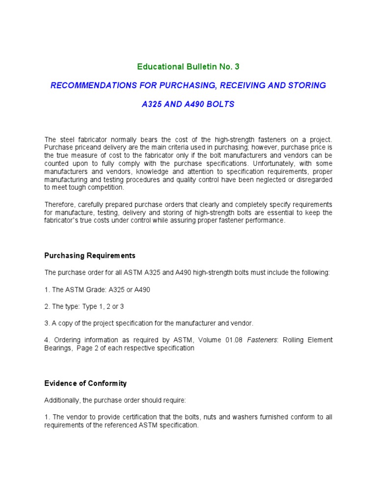 Recommendations For Purchasing, Receiving and Storing Structural Bolts ...