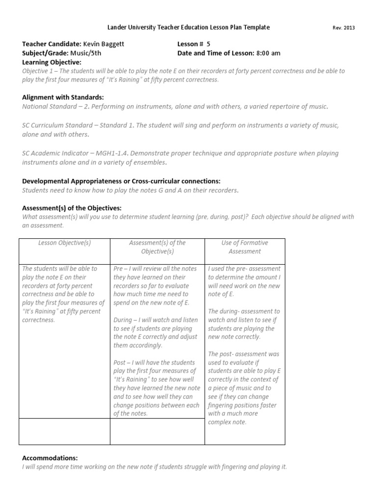 5th Grade Music Lesson Plan Template | PDF | Recorder (Musical ...