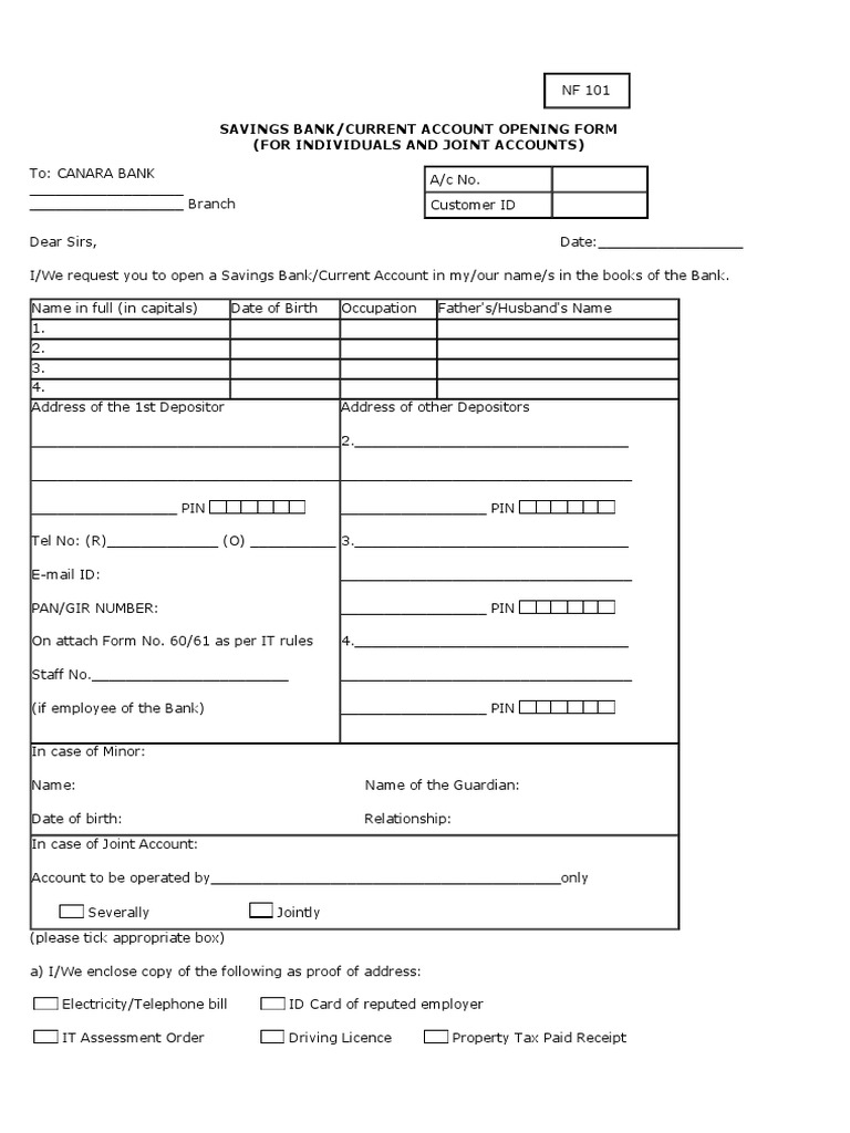 Savings Bank/Current Account Opening Form (For Individuals and Joint ...