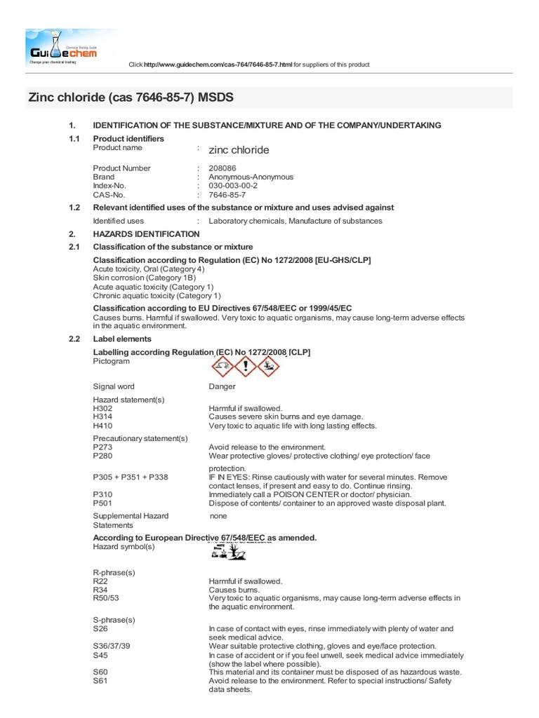 Zinc Chloride (Cas 7646-85-7) MSDS | PDF | Toxicity | Personal ...