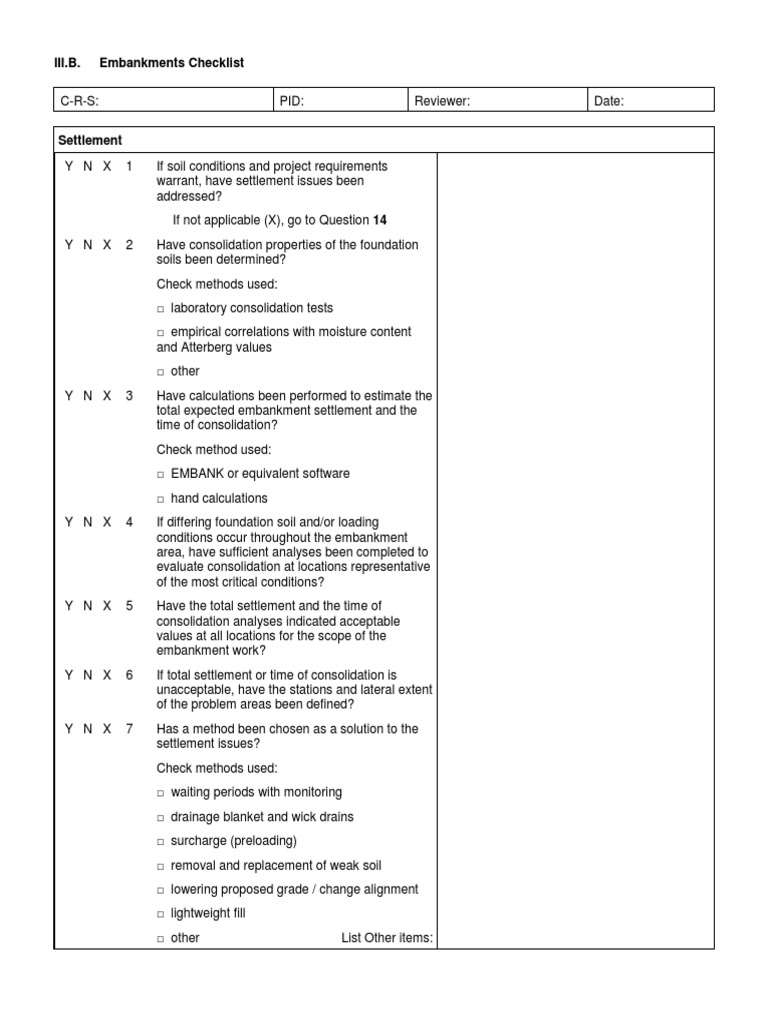 III.B. Embankments Checklist | PDF | Landfill | Geotechnical Engineering