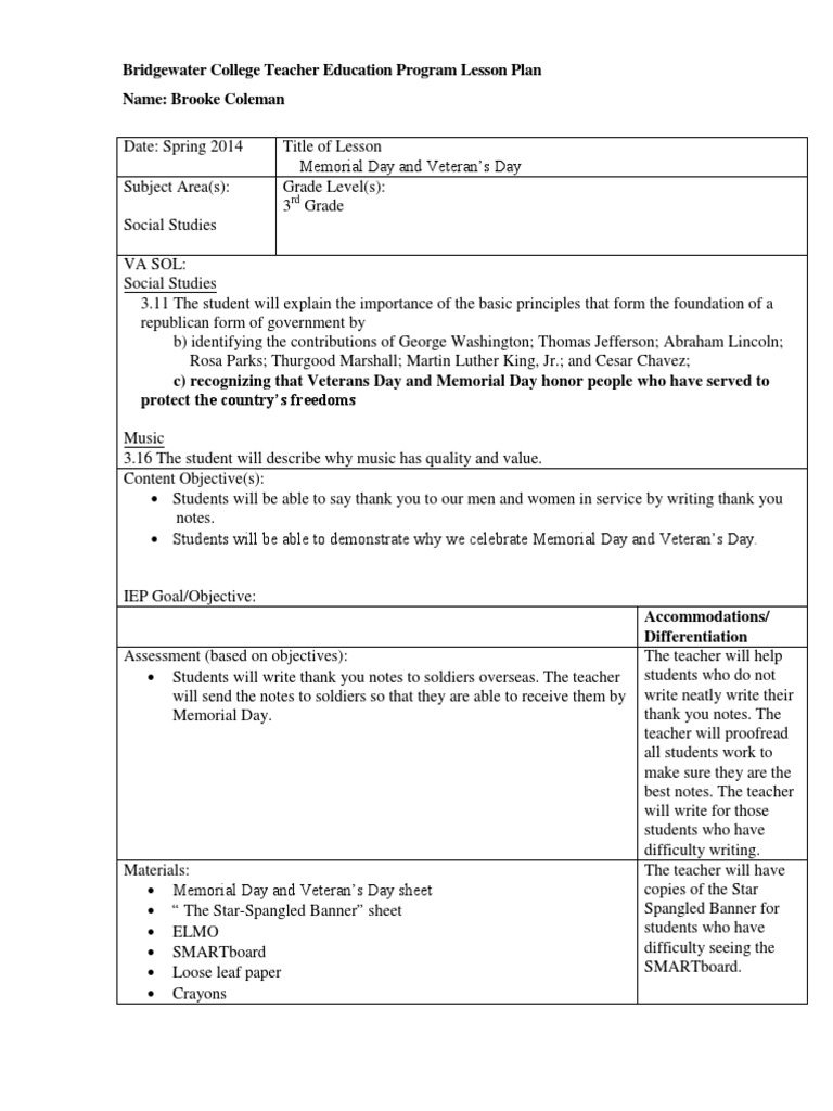 MD and VD Lesson Plan | PDF | Memorial Day | Lesson Plan