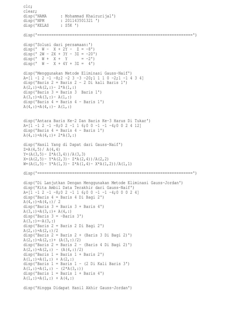 MATLAB Penyelesaian Gauss-Naif & Gauss-Jordan | PDF