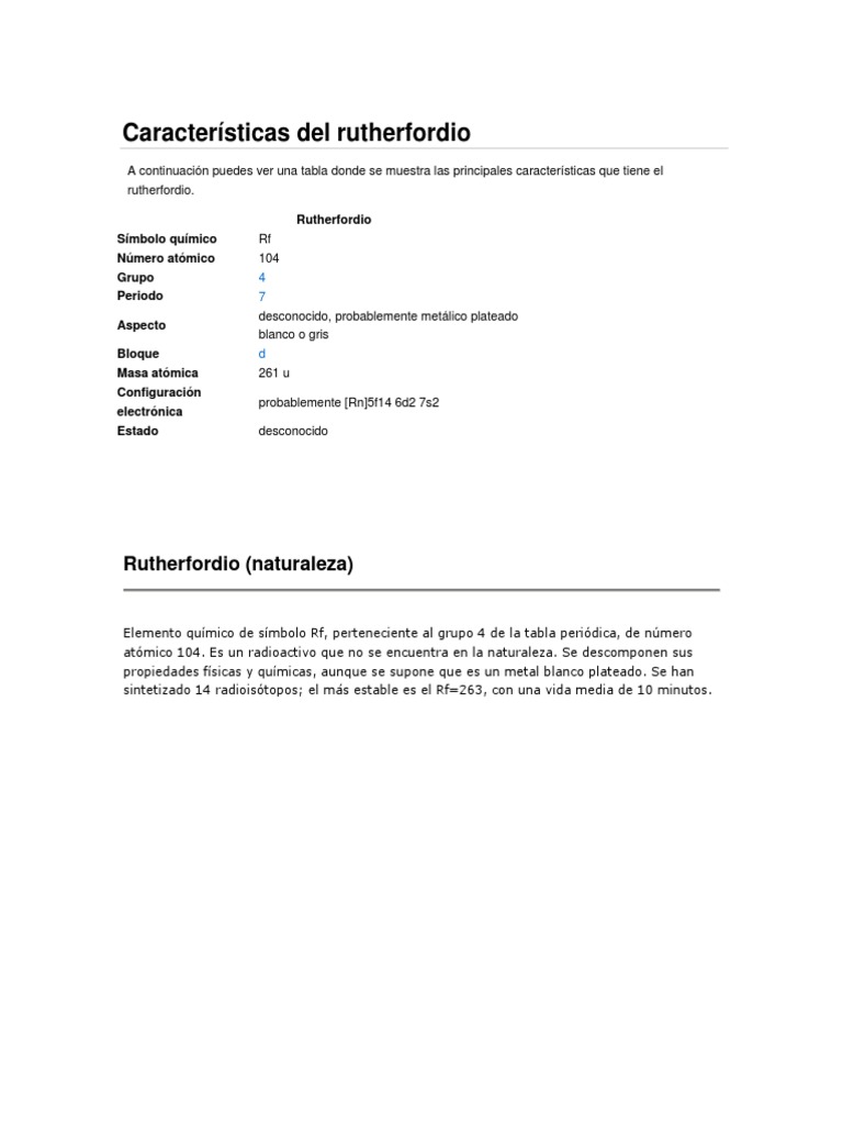 Características del Rutherfordio | PDF | Ciencia y matemáticas