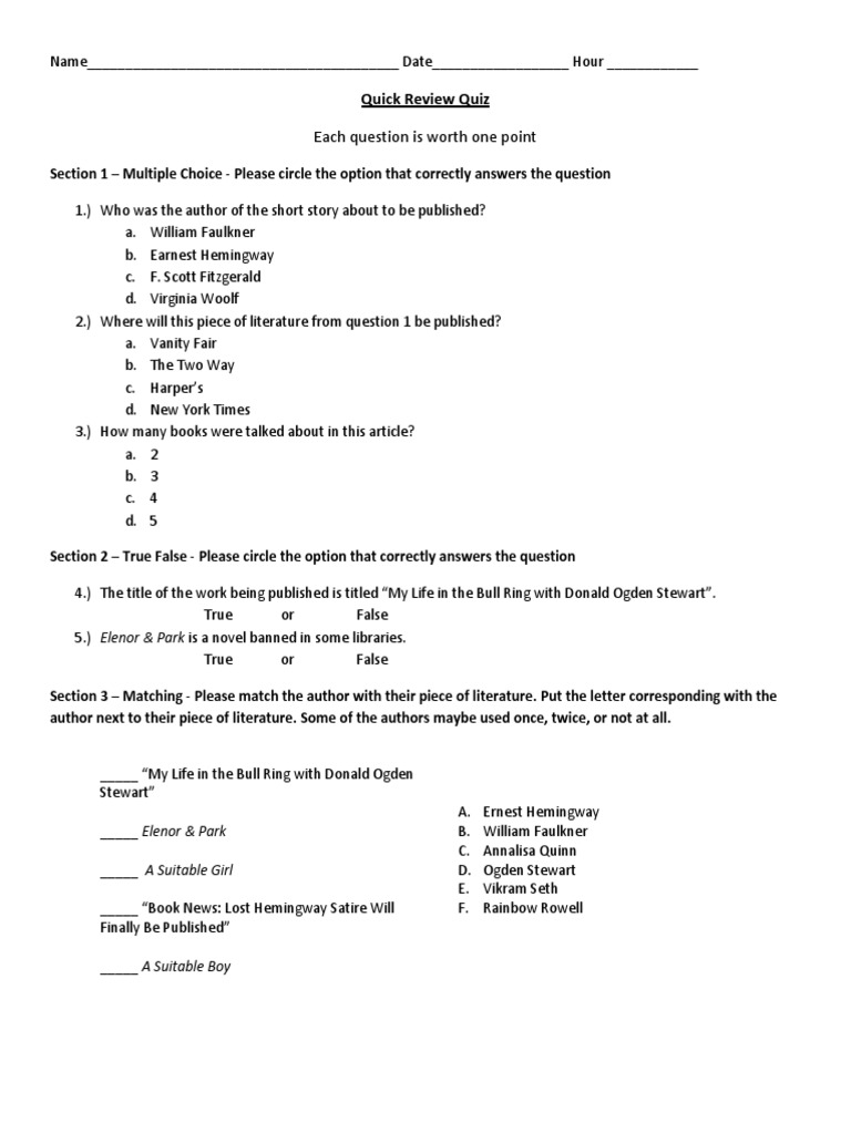 Article and Multiple Choice Quiz | PDF | Ernest Hemingway | Books