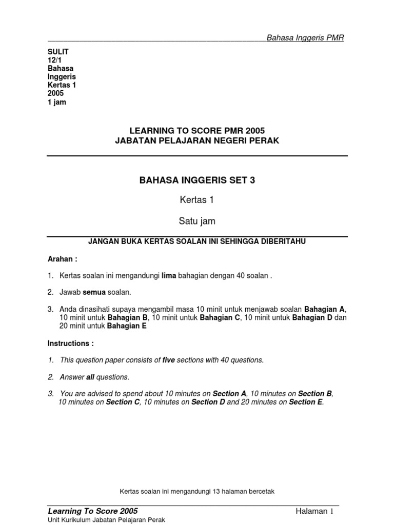 PMR BI Kertas1 Set3 | PDF | Fat | Pet
