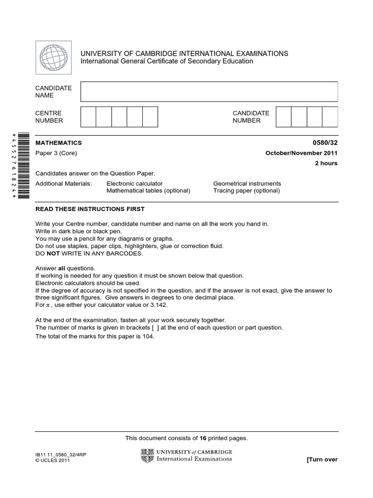 IGCSE Core Paper 3 Nov 2011 | PDF | Significant Figures | Geometry