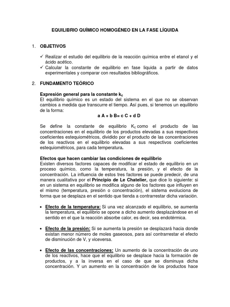 Equilibrio Químico Homogéneo en La Fase Líquida | PDF | Equilibrio ...