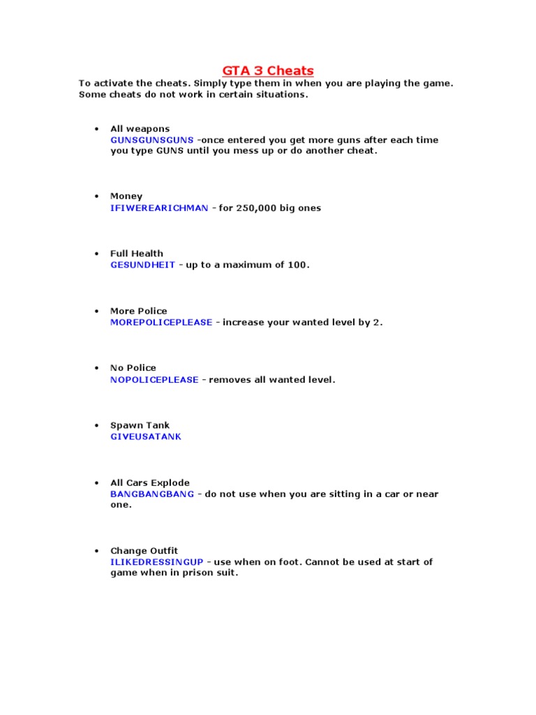 GTA 3 Cheats | PDF | Vehicles