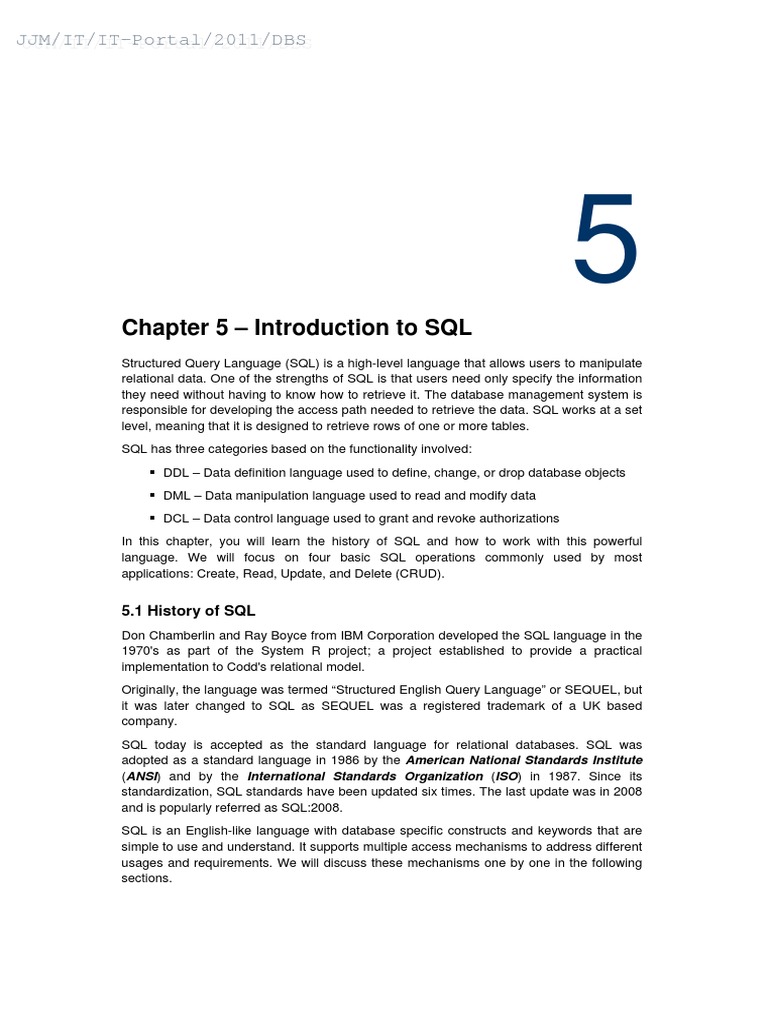 Chapter 5 - Introduction To SQL: JJM/IT/IT-Portal/2011/DBS | PDF | Relational Database | Sql