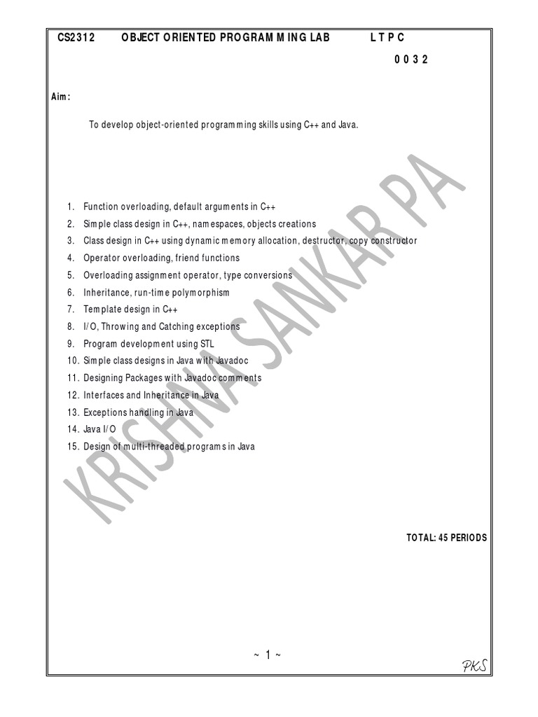 Eee 5th V Sem CS 2312 Oop Lab Manual | PDF | C++ | Constructor (Object ...