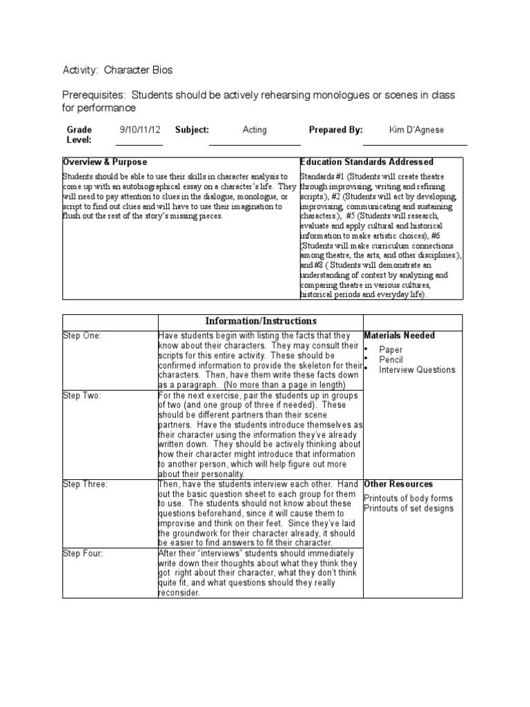 Character Bios Lesson Plan | PDF | Theatre | Pedagogy