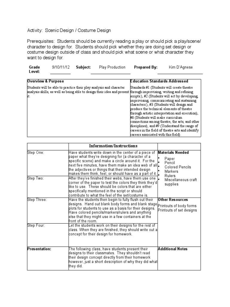 Costume Design Activity Overview | PDF | Costume Design | Lesson Plan
