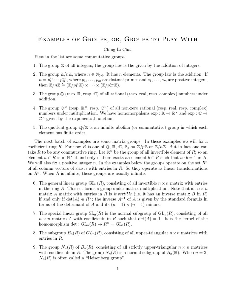 Examples of Groups, Or, Groups To Play With: 0 e 1 e M 1 M 1 M e 1 e M ...