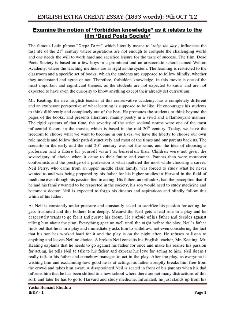 Dead Poets Society Extra Credit Essay | PDF | Teaching And Learning ...