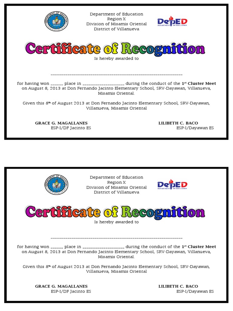 Certificate of Recognition - Cluster Meet | PDF