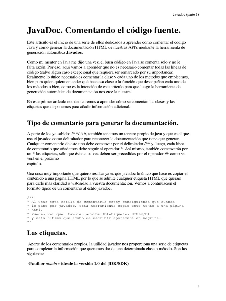 Como Comentar El Codigo Para Generar Correctamente Javadoc Pdf Pdf Html Java Lenguaje De