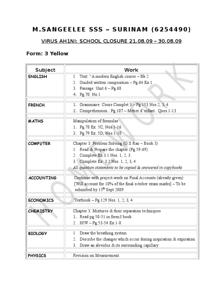 School Closure Study Assignments | PDF | Science & Mathematics