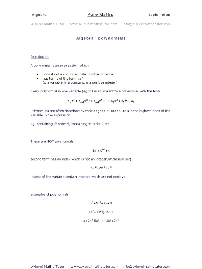 Polynomials, Algebra Revision Notes From A-Level Maths Tutor | PDF ...