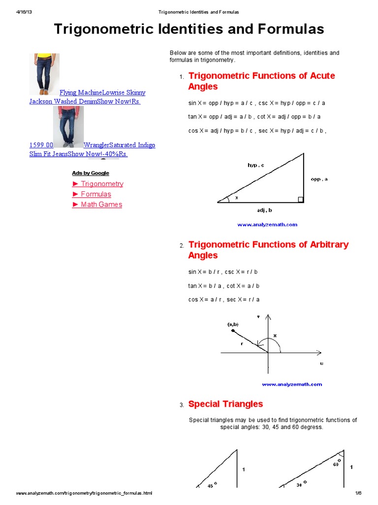 Trigonometric Identities and Formulas | PDF | Trigonometric Functions ...