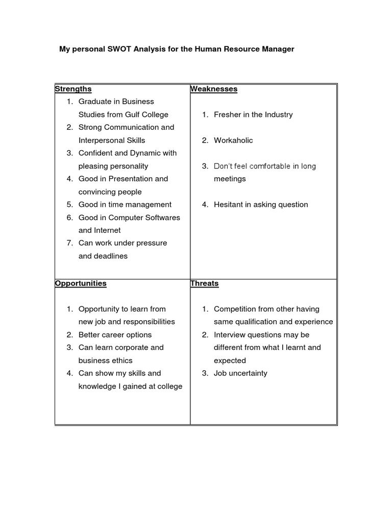 My Personal SWOT Analysis For The Human Resource Manager | PDF | Human ...