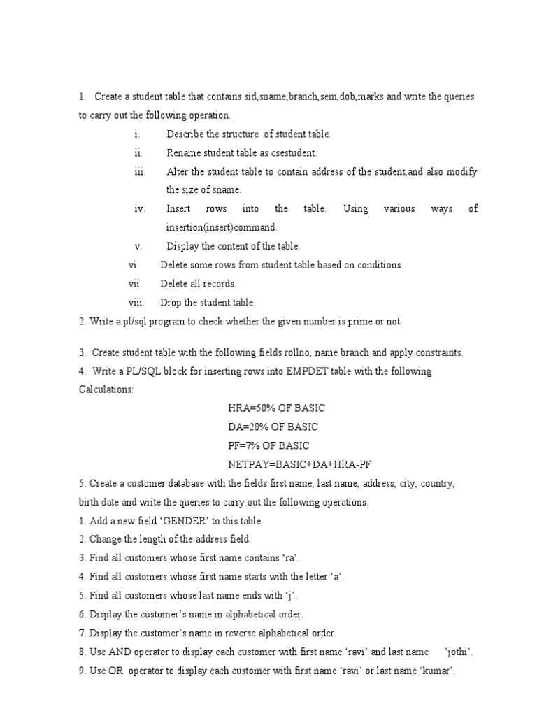 DBMS lab univ questions | Table (Database) | Databases DBMS lab univ questions | Table (Database) | Databases
