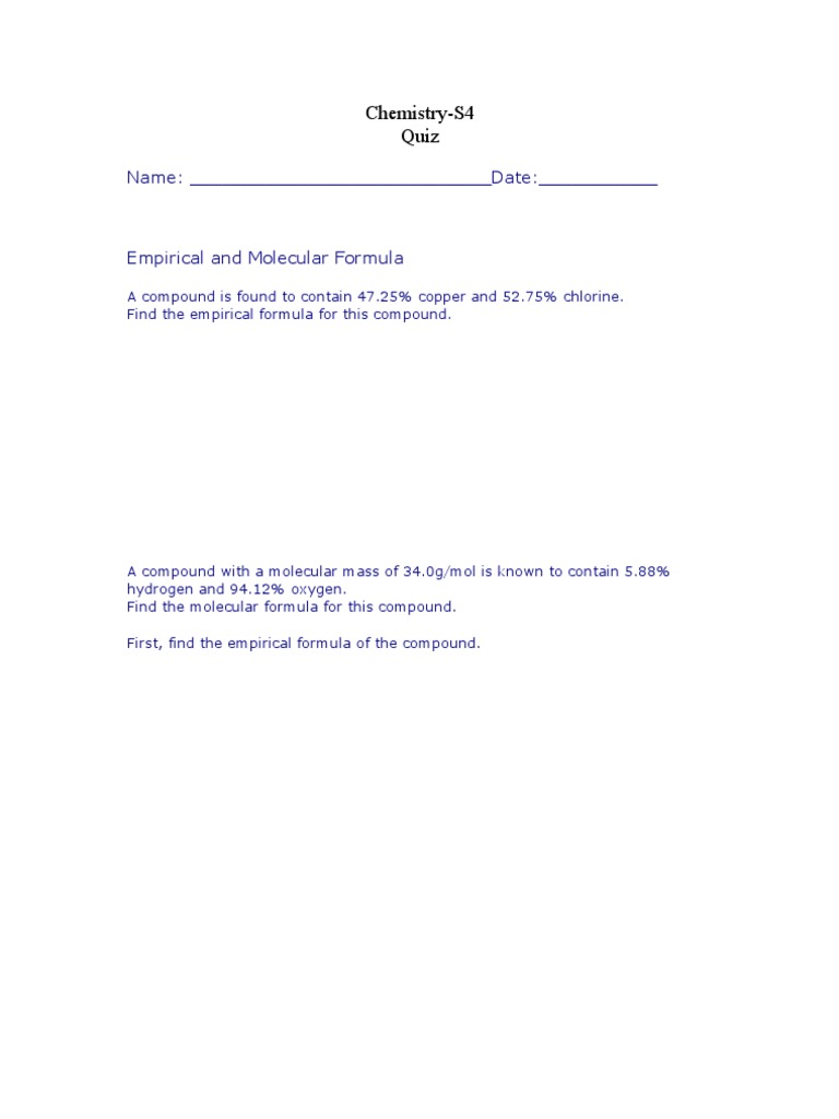 Chemistry S4 Quiz: Formulas & Molarity | PDF | Science & Mathematics