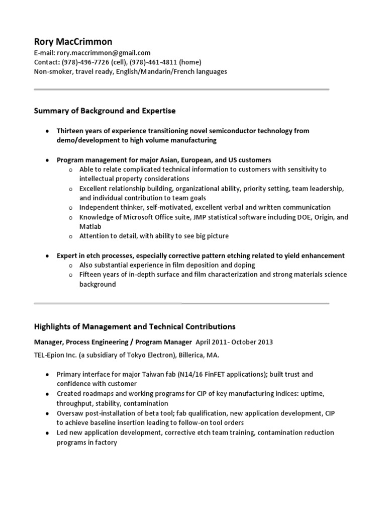 Process Engineer Program Manager in Maynard MA Resume Rory MacCrimmon ...