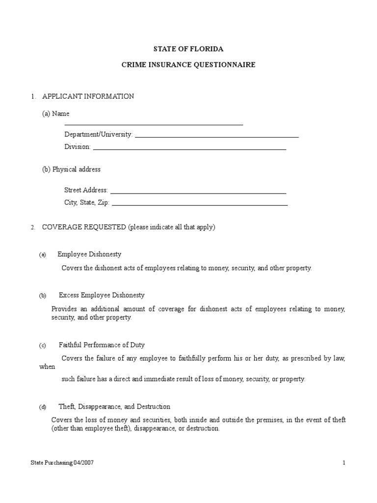 Questionnaire - Crime Insurance (04 (1) .06.07) | PDF | Theft | Insurance
