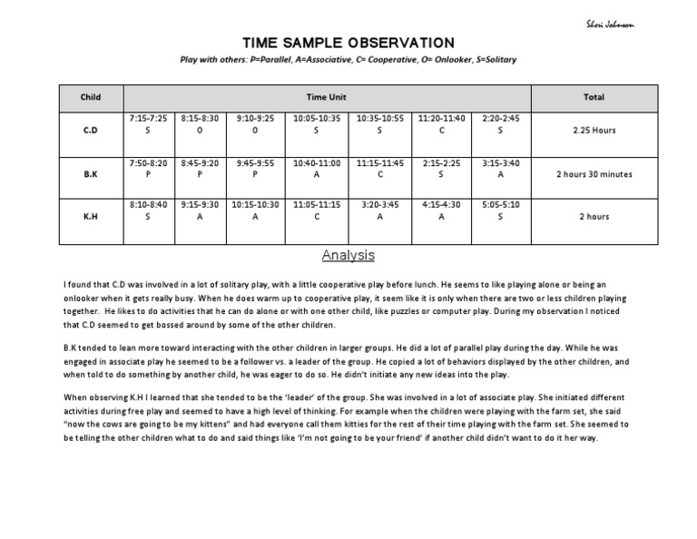 Child Time Sample Observation - Completed | PDF