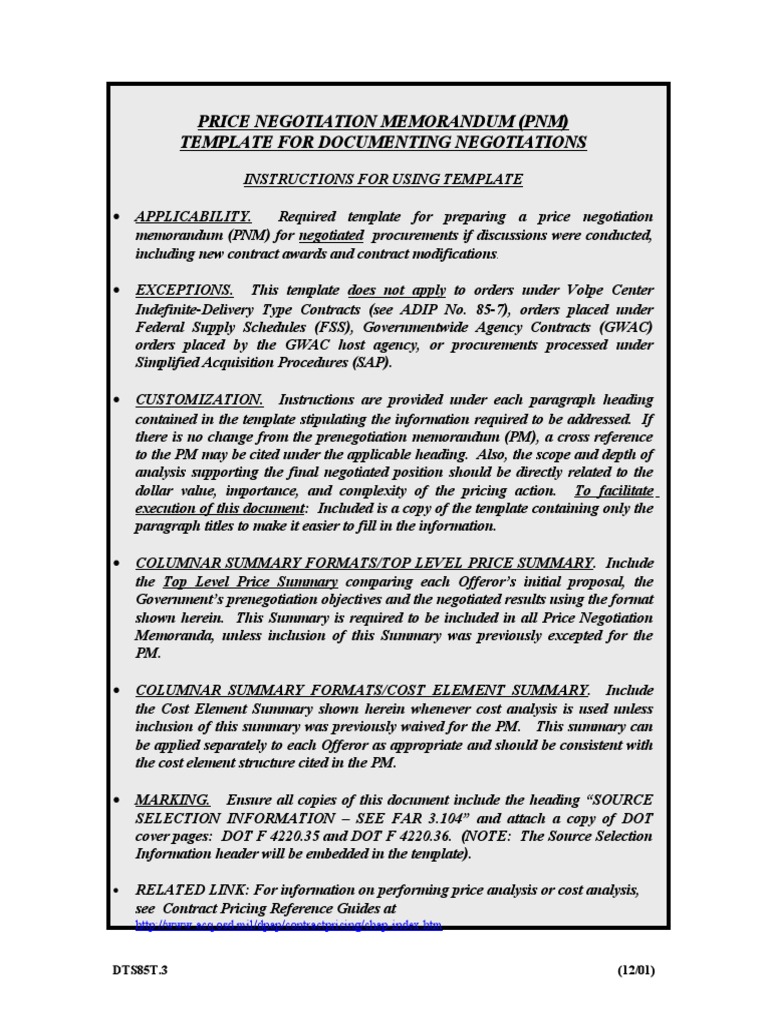 Price Negotiation Memorandum (PNM) Template For Documenting ...