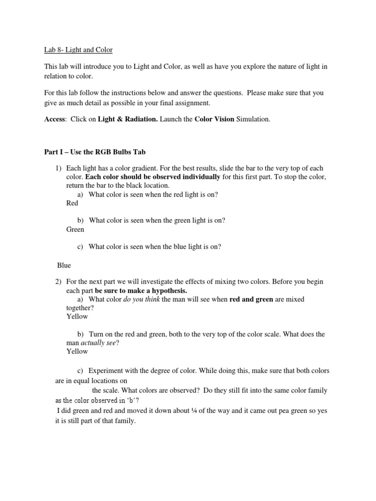 Lab 8 - Light and Color (1) PHET | PDF | Blue | Color