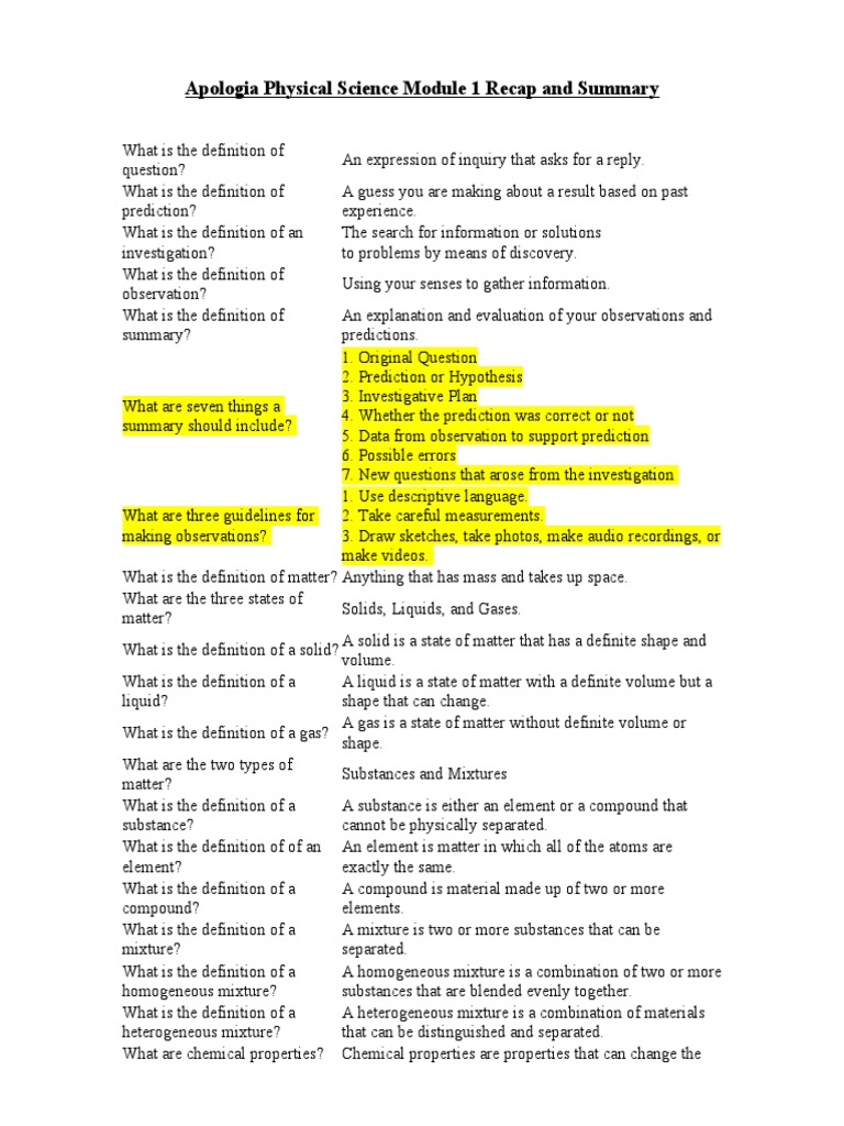 Apologia Physical Science Module 1 Recap and Summary | Mixture ...