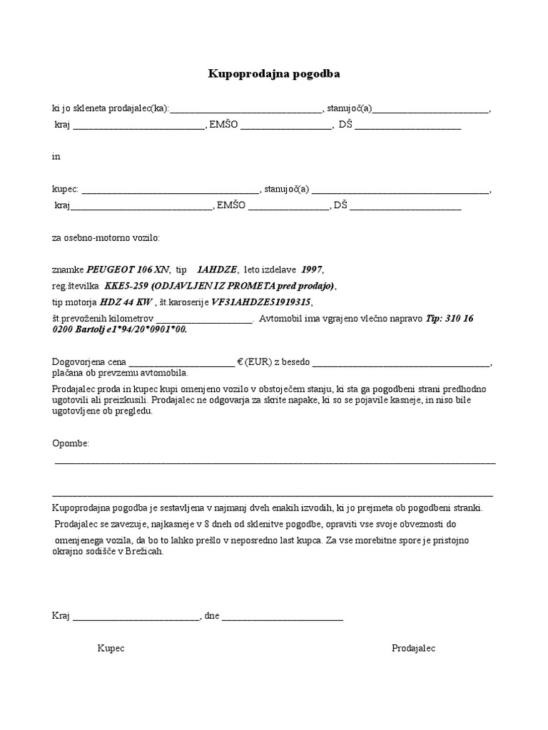 Obrazec Kupoprodajne Pogodbe Za Avto