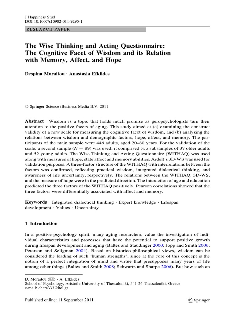 The Wise Thinking and Acting Questionnaire | PDF | Factor Analysis ...